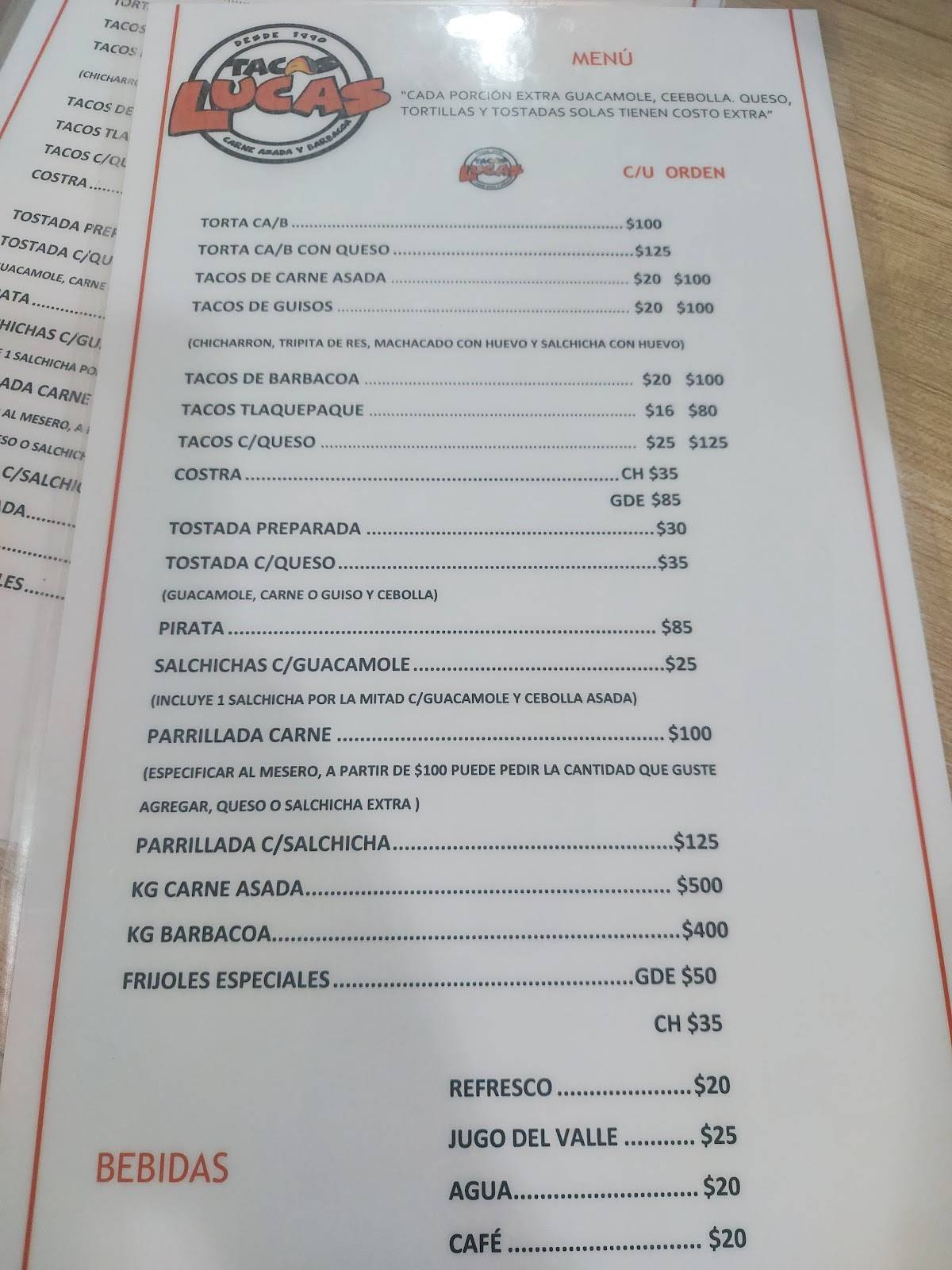 Carta del restaurante Tacos Lucas, Monterrey