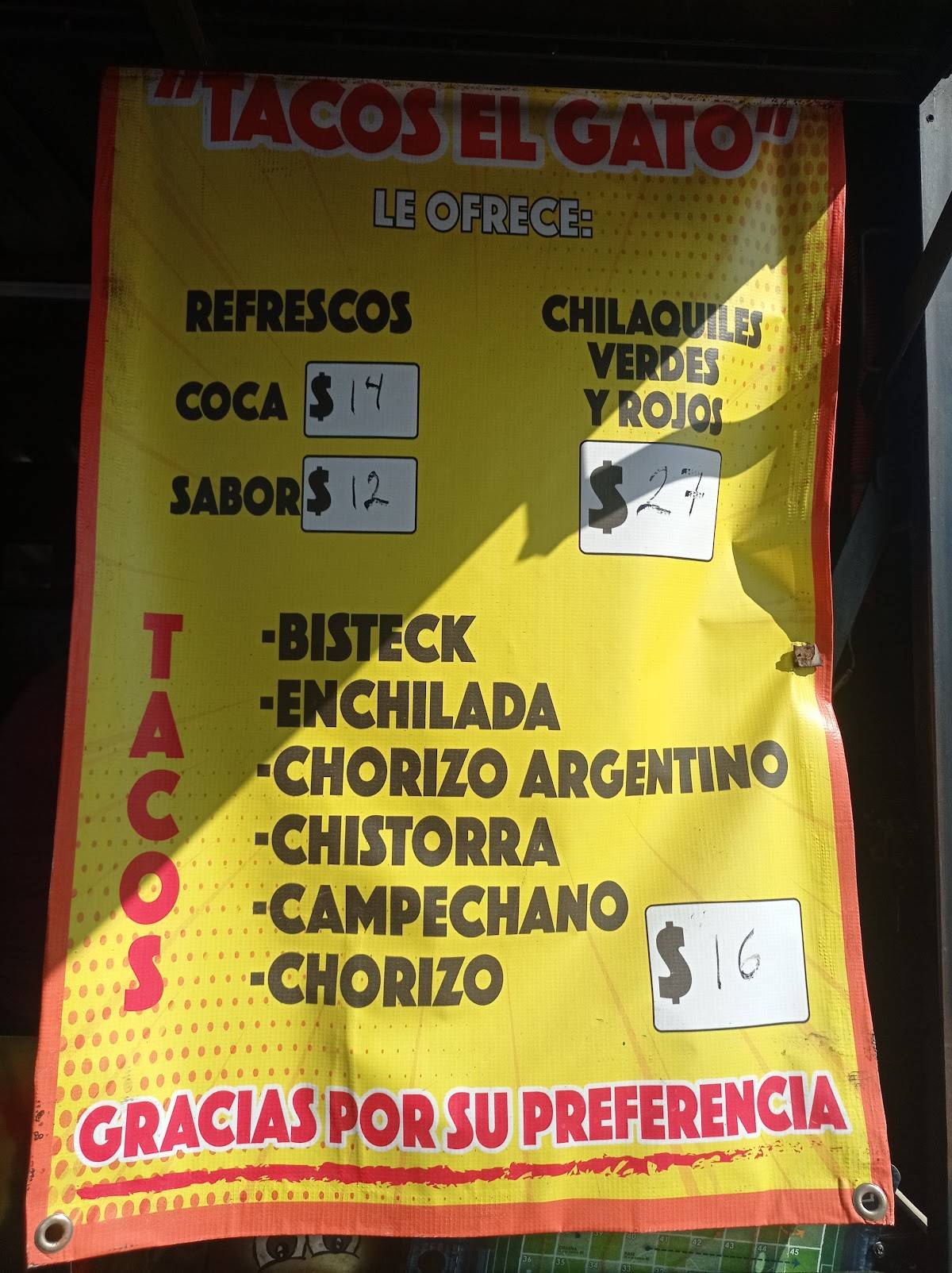 Menu at Tacos el Gato restaurant, Pachuca