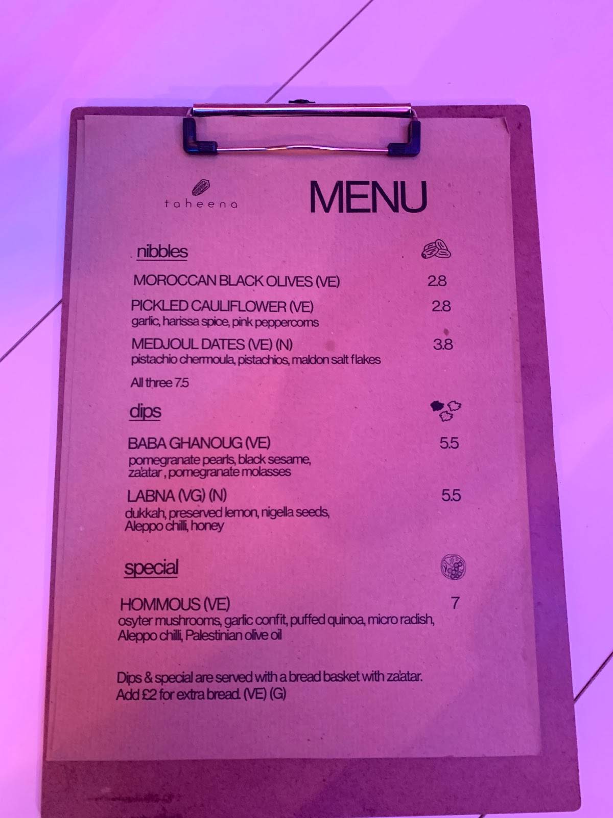 Menu at Taheena restaurant, London