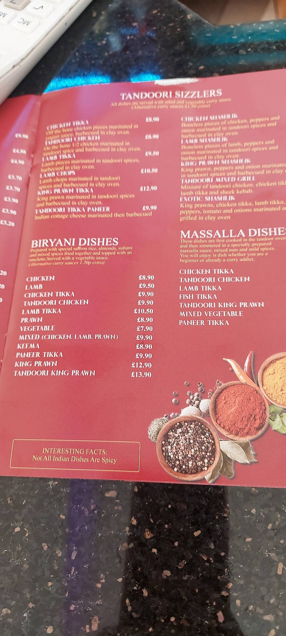 Menu at Taj Mahal restaurant, Buxton
