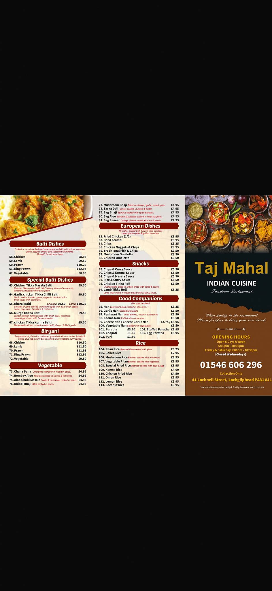 Menu at Taj Mahal restaurant, Lochgilphead
