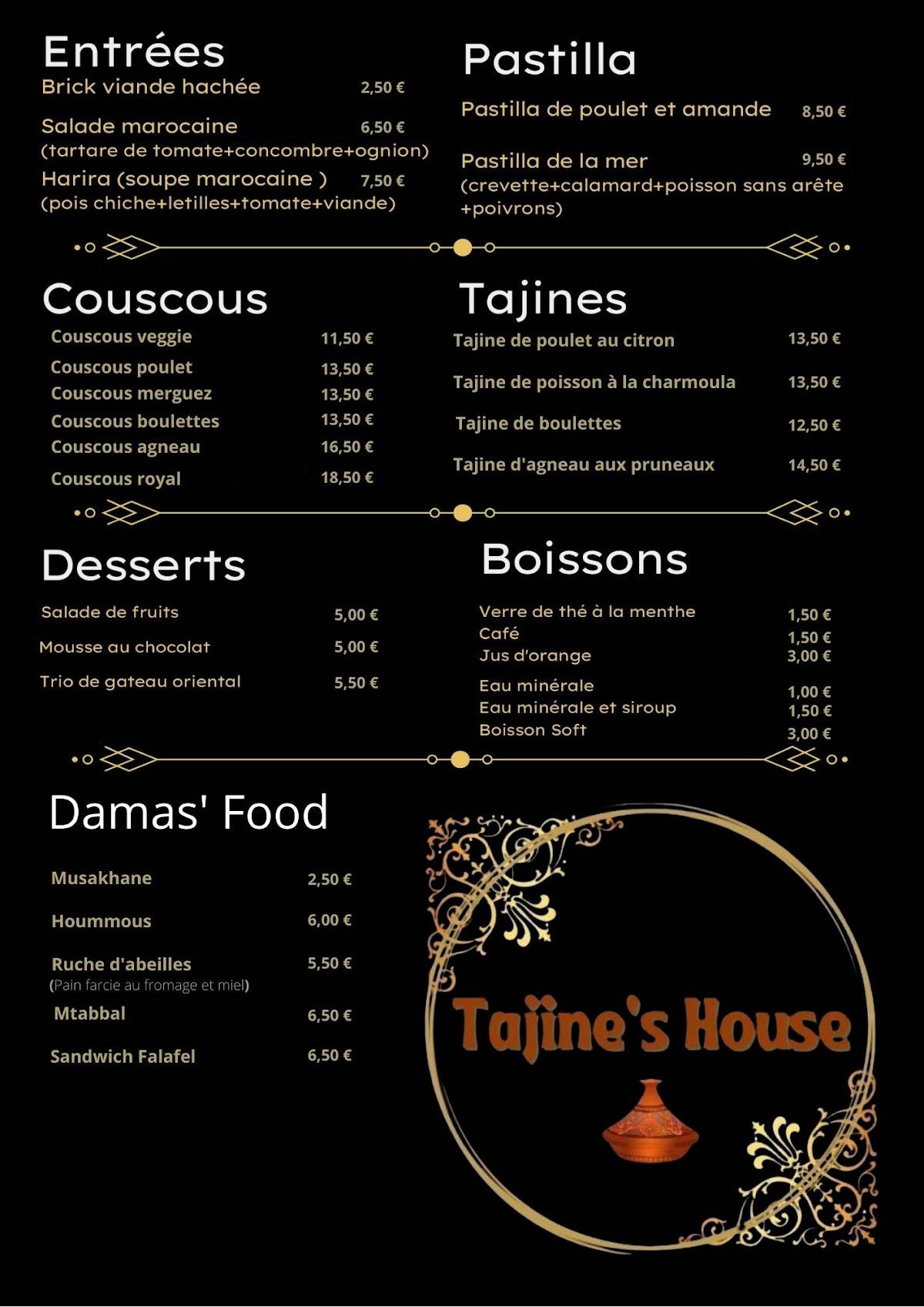 Menu au Tajine's House restaurant, Annecy