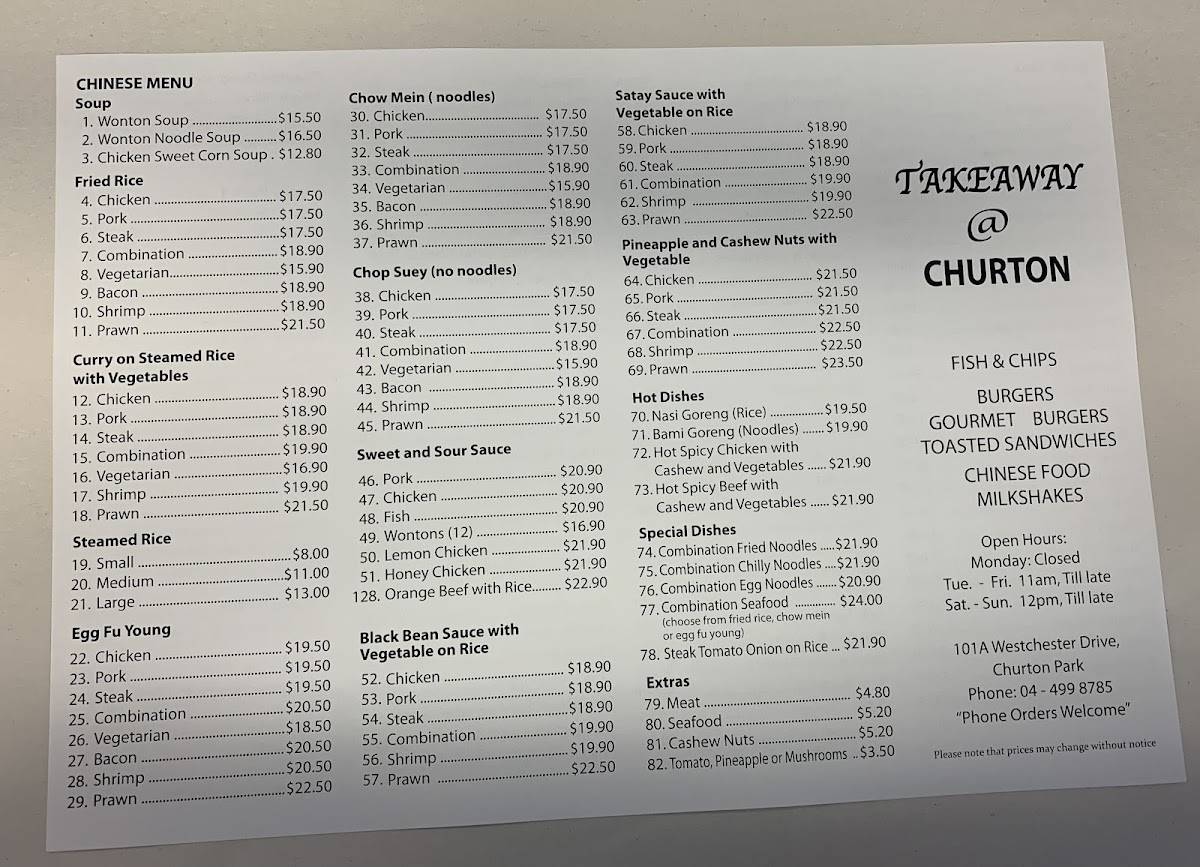 Menu at Takeaway@Churton fast food, Wellington