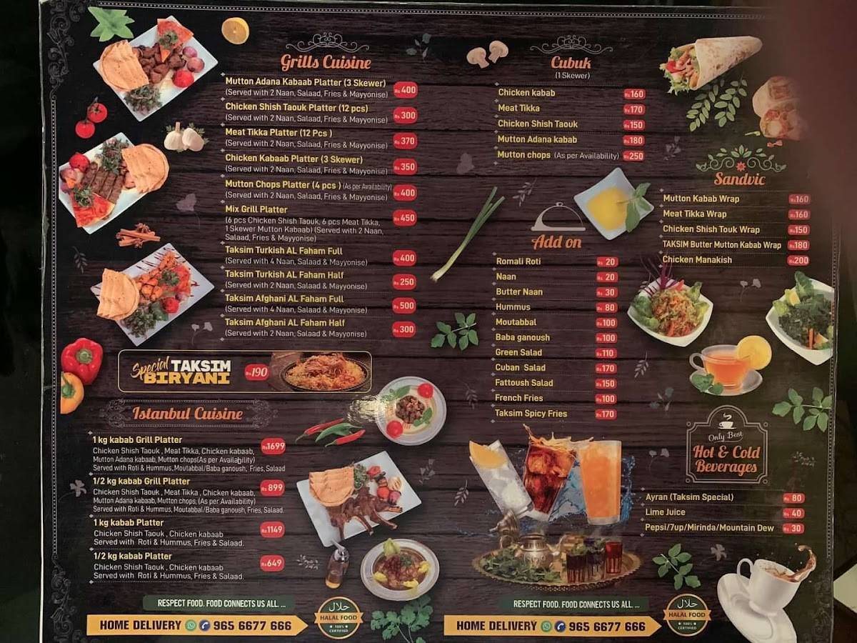 Menu at Taksim Istanbul, Thrissur