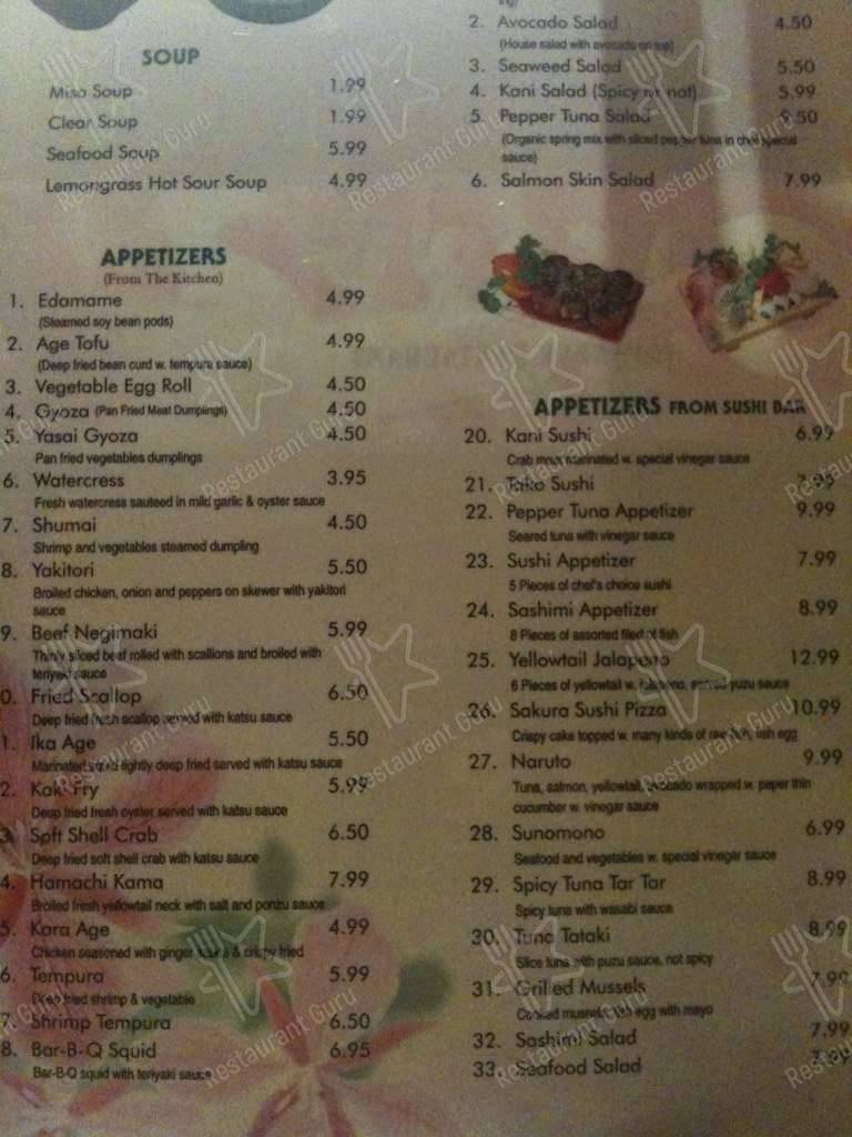 Menu at Sakura restaurant, Tampa