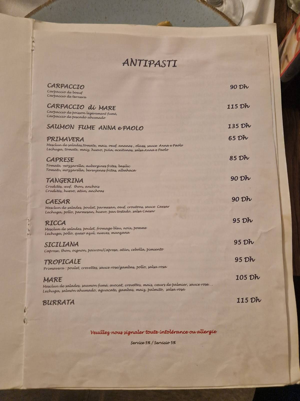 Menu au Anna e Paolo restaurant, Tanger