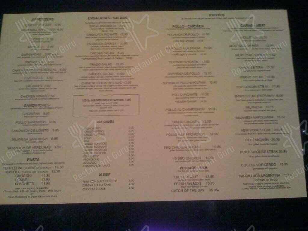 Menu at Tango Grill restaurant, West Hollywood