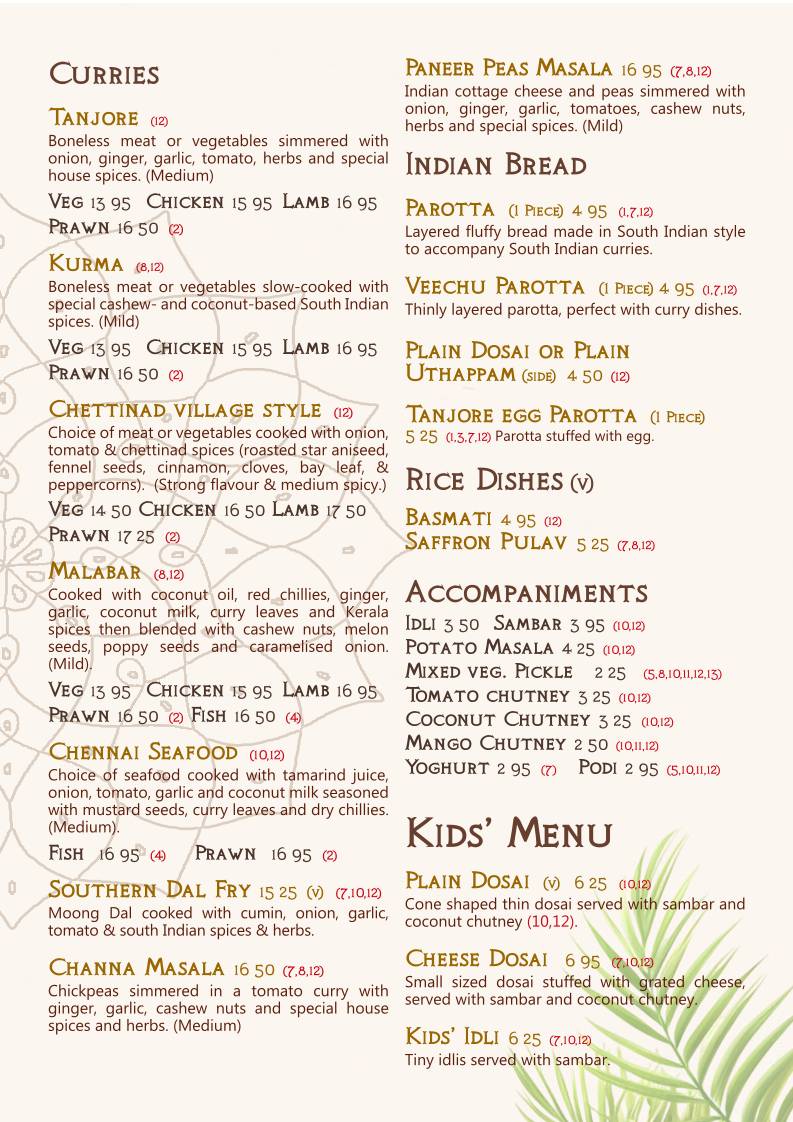 Menu at Tanjore restaurant, Edinburgh