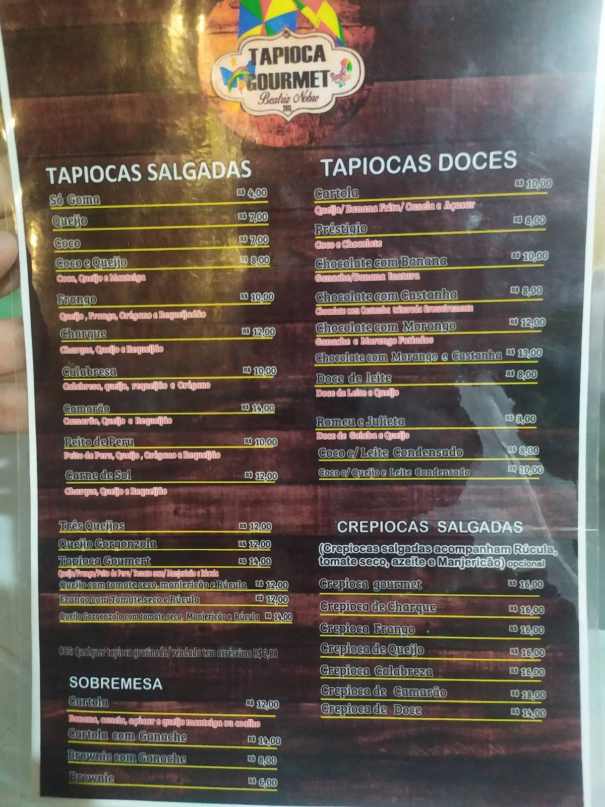Menu at Tapioca Gourmet restaurant, Recife, R. Srg. Waldir Correia