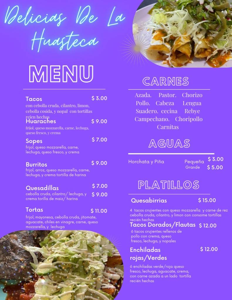Menu at Taqueria Las Delicias de la Huasteca restaurant, Spartanburg