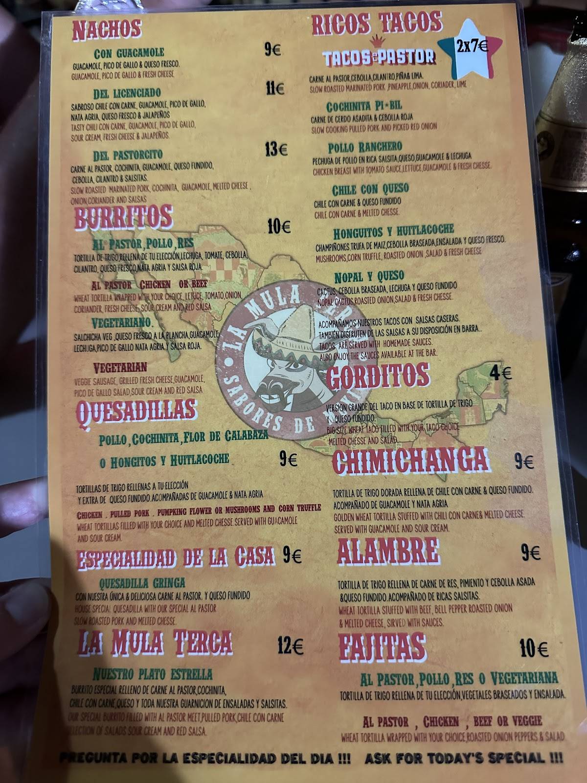 Menu at Taquería Mexicana La Mula Terca restaurant, Mojácar