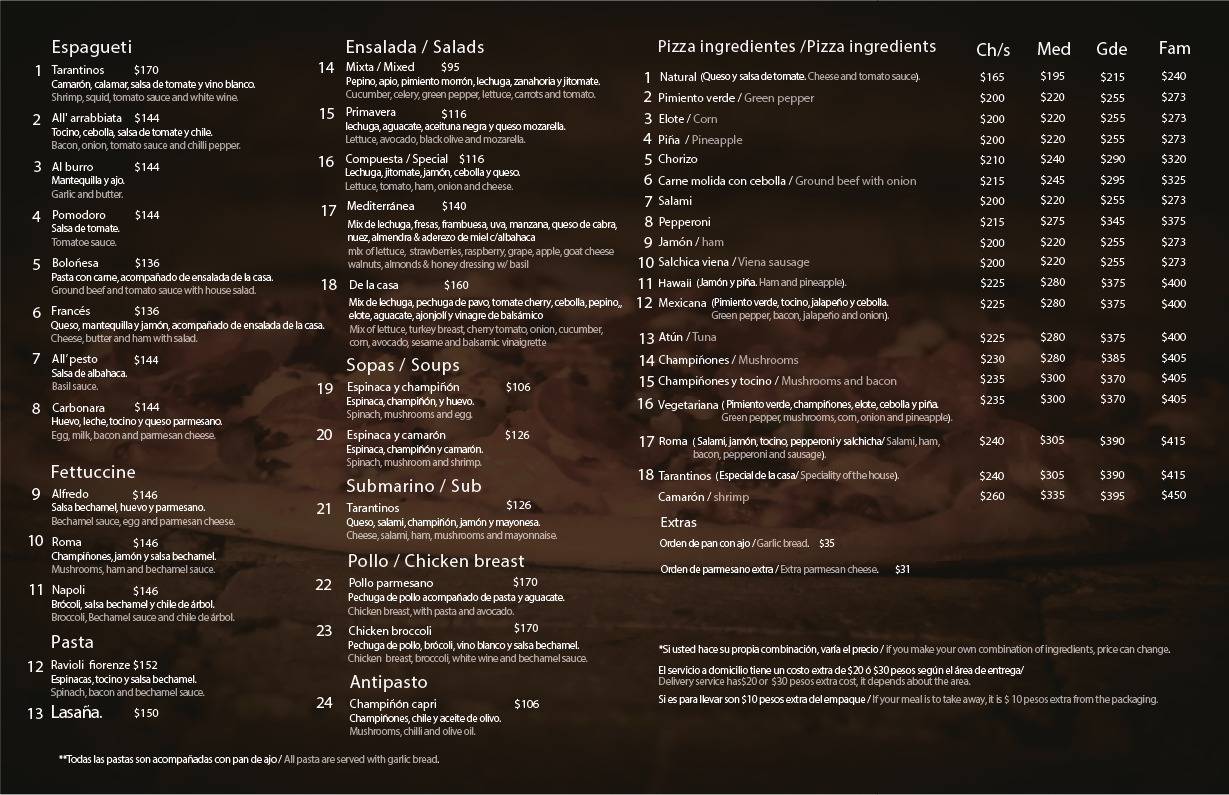 Carta de pizzería Tarantinos Pizza, Puerto Vallarta, 1952 Corner of ...