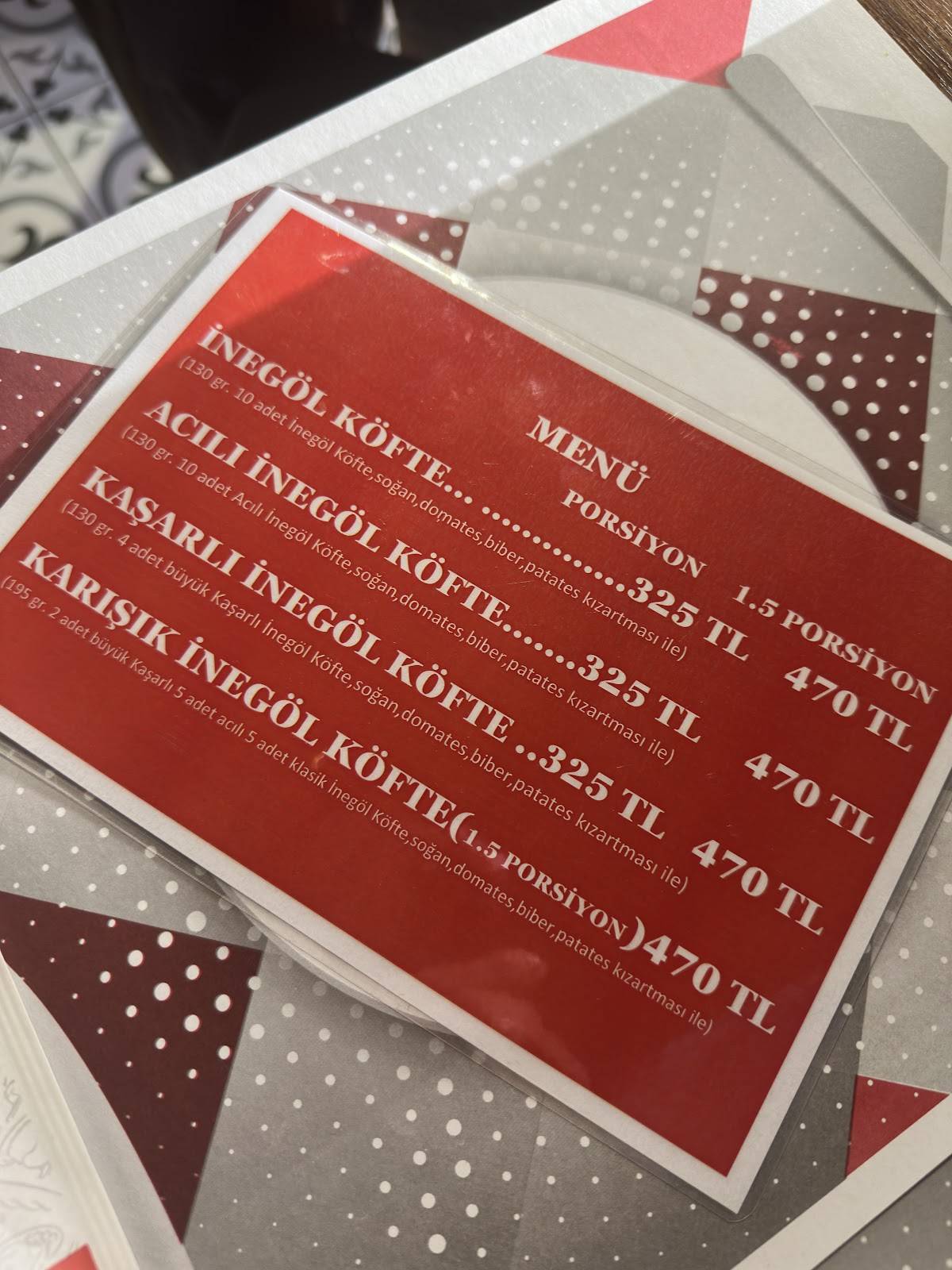 Menu au Tarihi Lezzet İnegöl Köfte ve Piyaz restaurant, Ankara