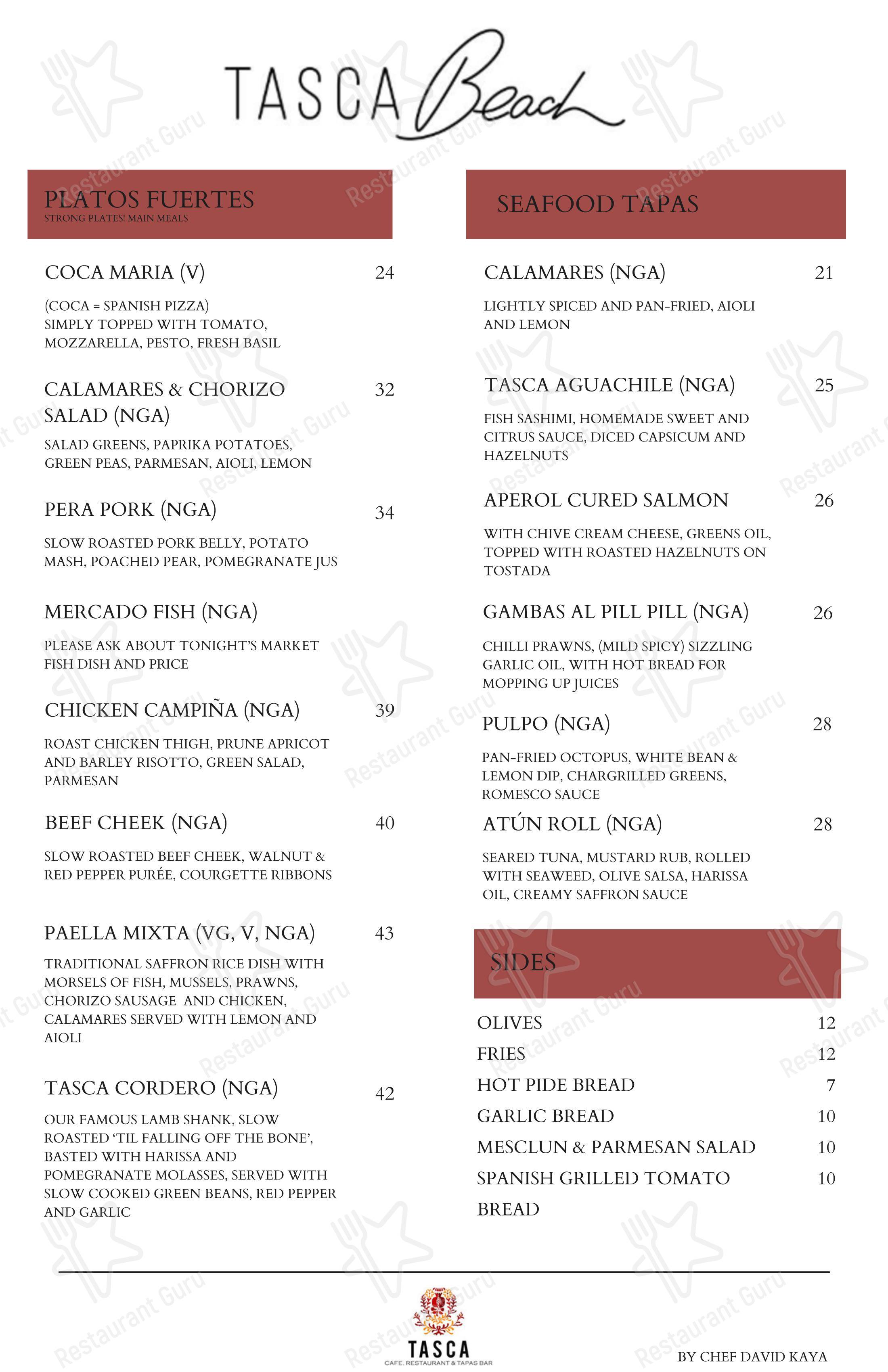 Menu at Tasca Beach restaurant, Orewa, 316 Hibiscus Coast Hwy