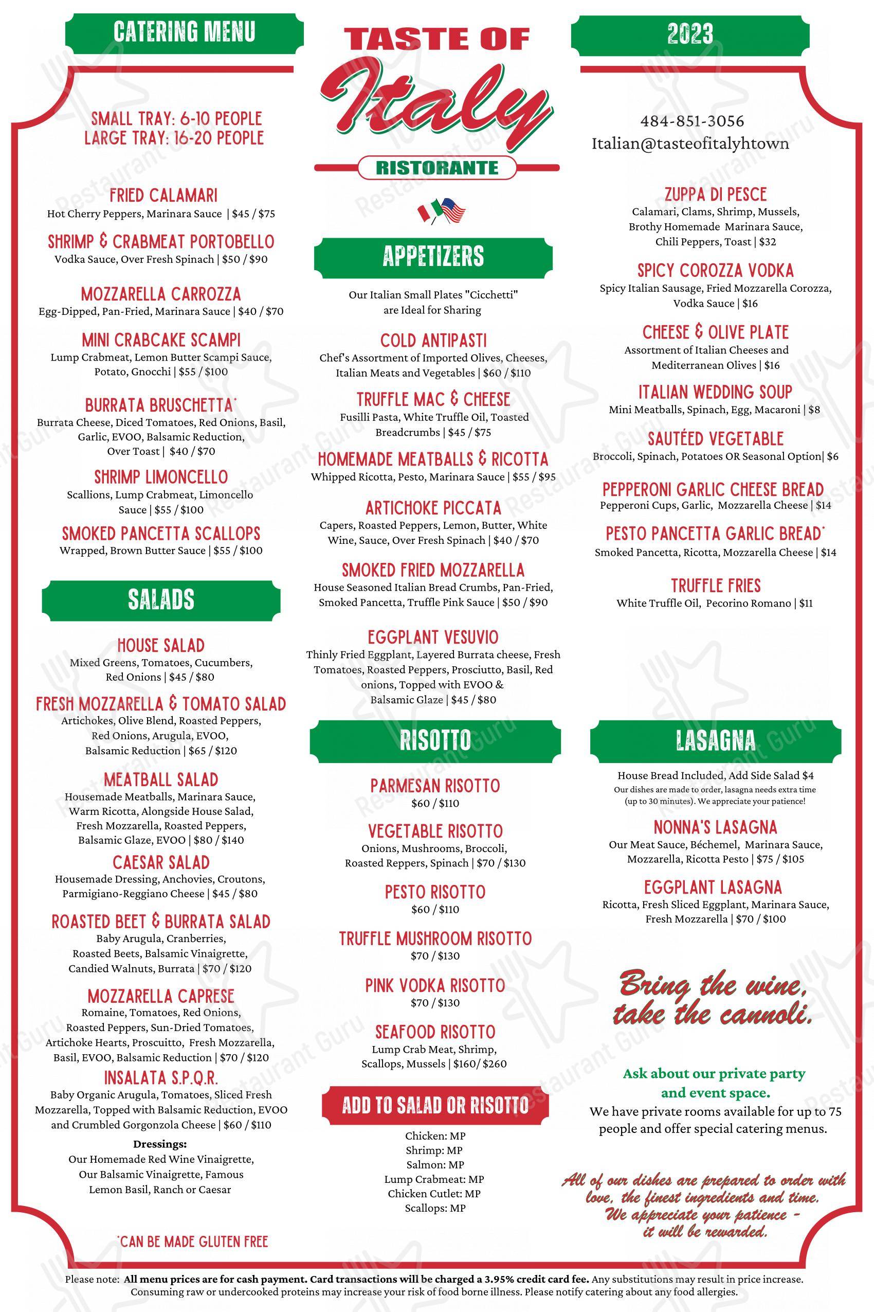Menu at Taste Of Italy Ristorante restaurant, Hellertown