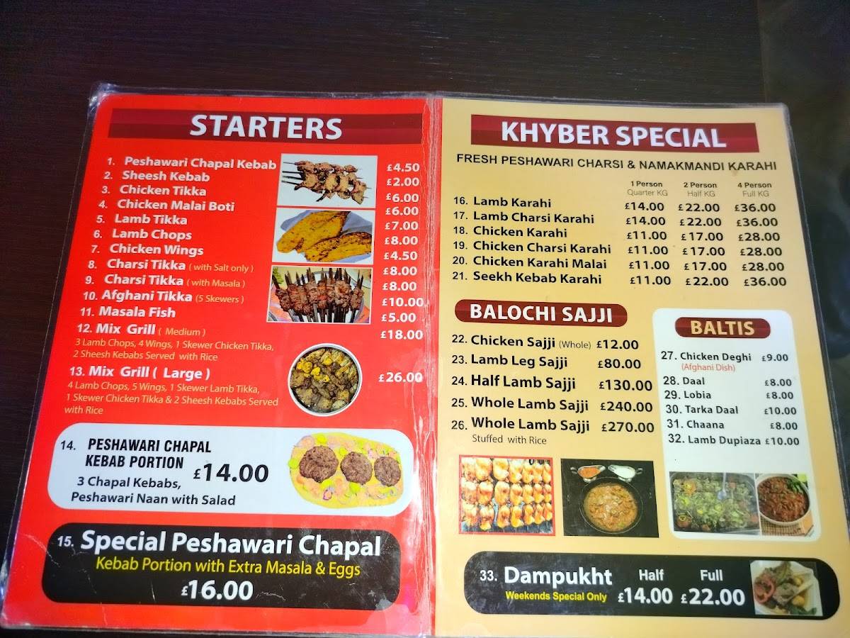 Menu at Taste of Khyber Restaurant, Birmingham, 20 Alum Rock Rd