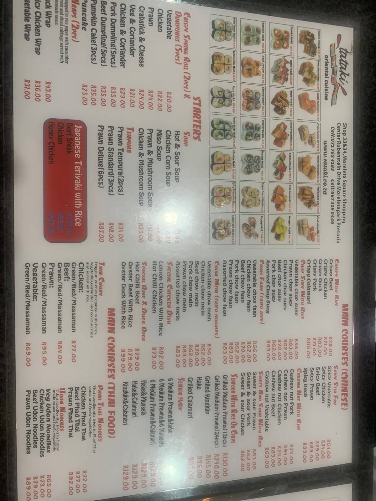 Menu at Tataki restaurant, Pretoria, ZA Pretoria Moreleta Square ...