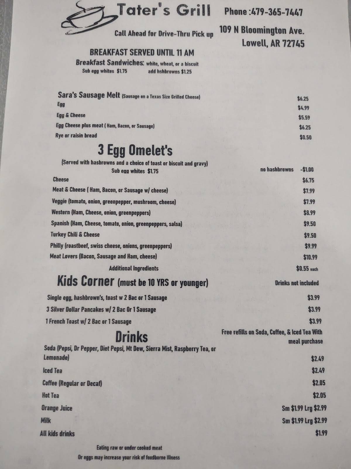 Menu at Tater's Fresh Grill restaurant, Lowell