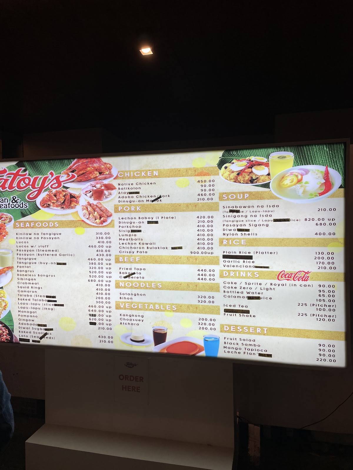 Menu at Tatoy's Atria restaurant, Iloilo City