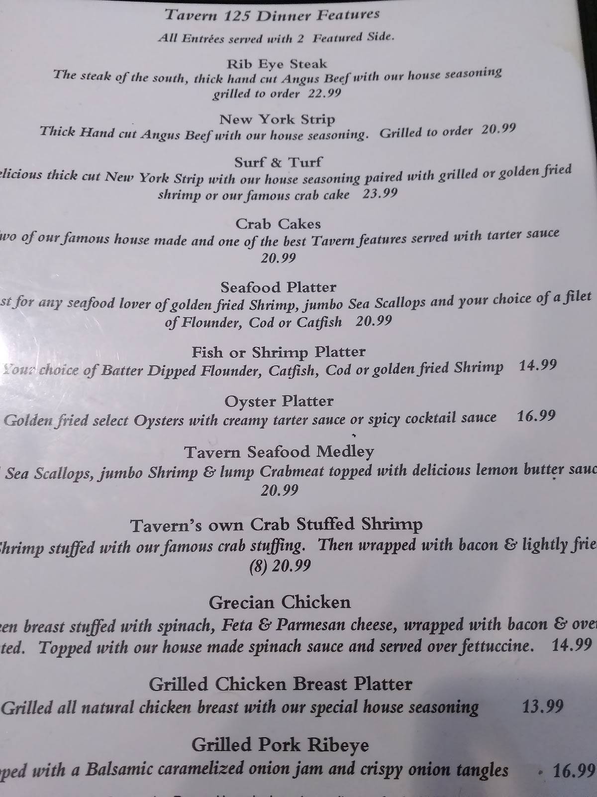 Menu at Tavern 125 restaurant, Murfreesboro