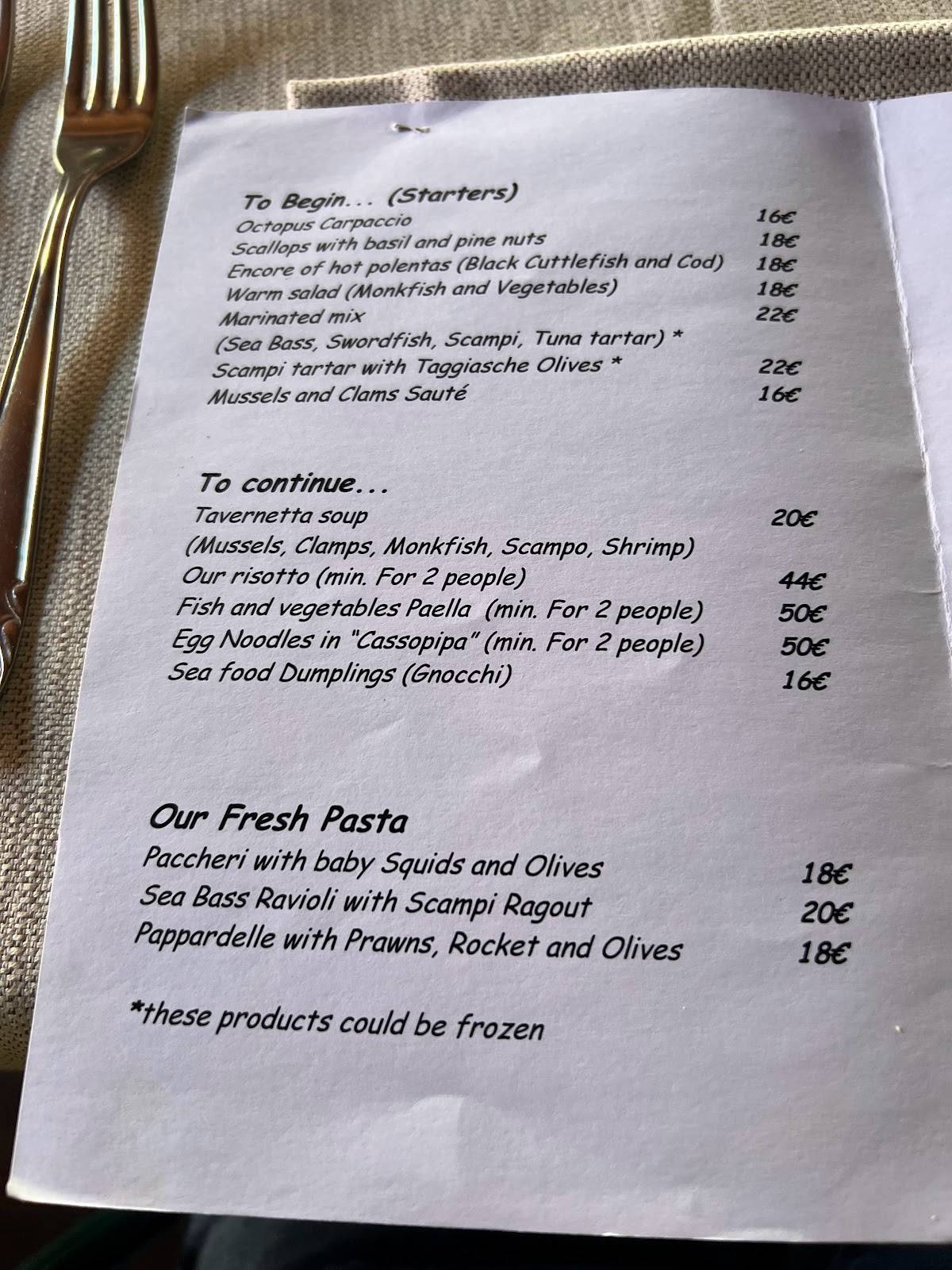 Menu at Tavernetta al Molo restaurant, Trieste
