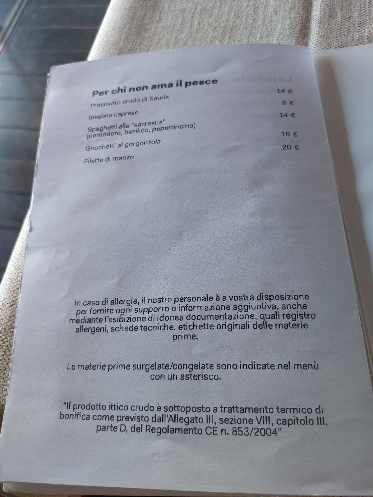 Menu at Tavernetta al Molo restaurant, Trieste