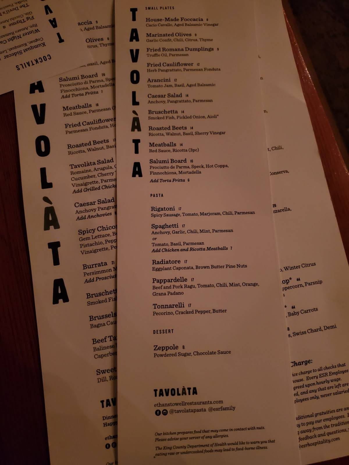 Menu at Tavolàta Belltown restaurant, Seattle, 2nd Ave