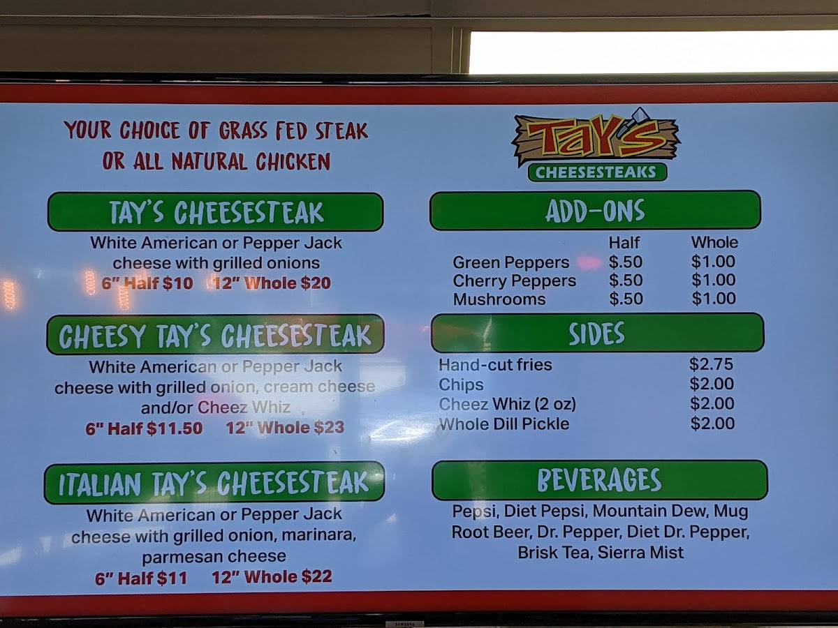 Menu at Tay’s Cheesesteak restaurant, Kansas City