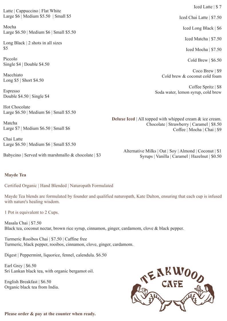 Menu at Teakwood Cafe, Burringbar