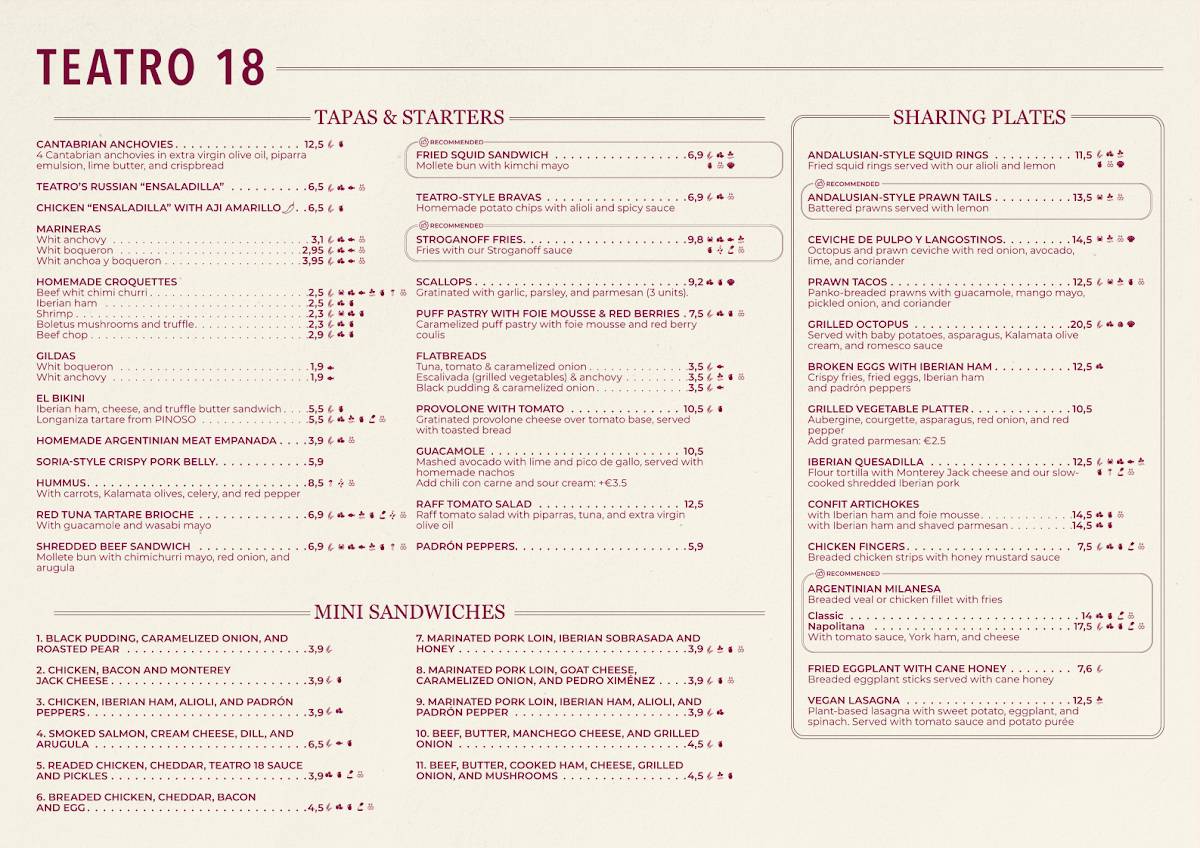 Carta del pub y bar Teatro 18, Alicante