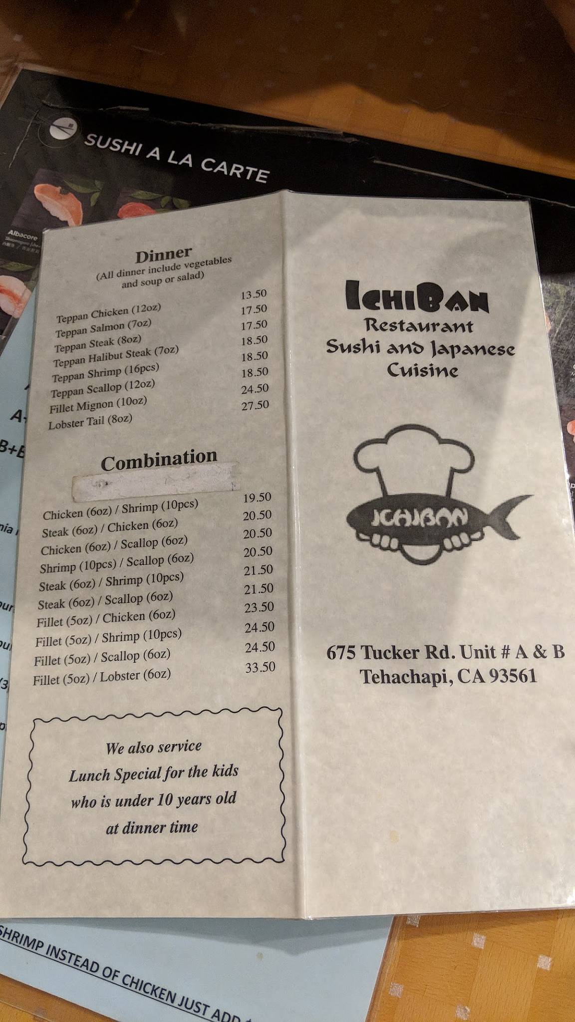 Menu at Ichiban restaurant, Tehachapi