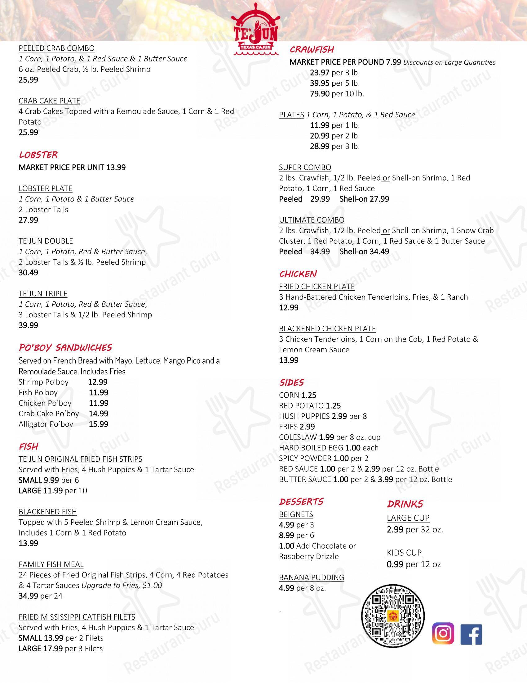Menu at Tejun The Texas Cajun- Robinson restaurant, Robinson