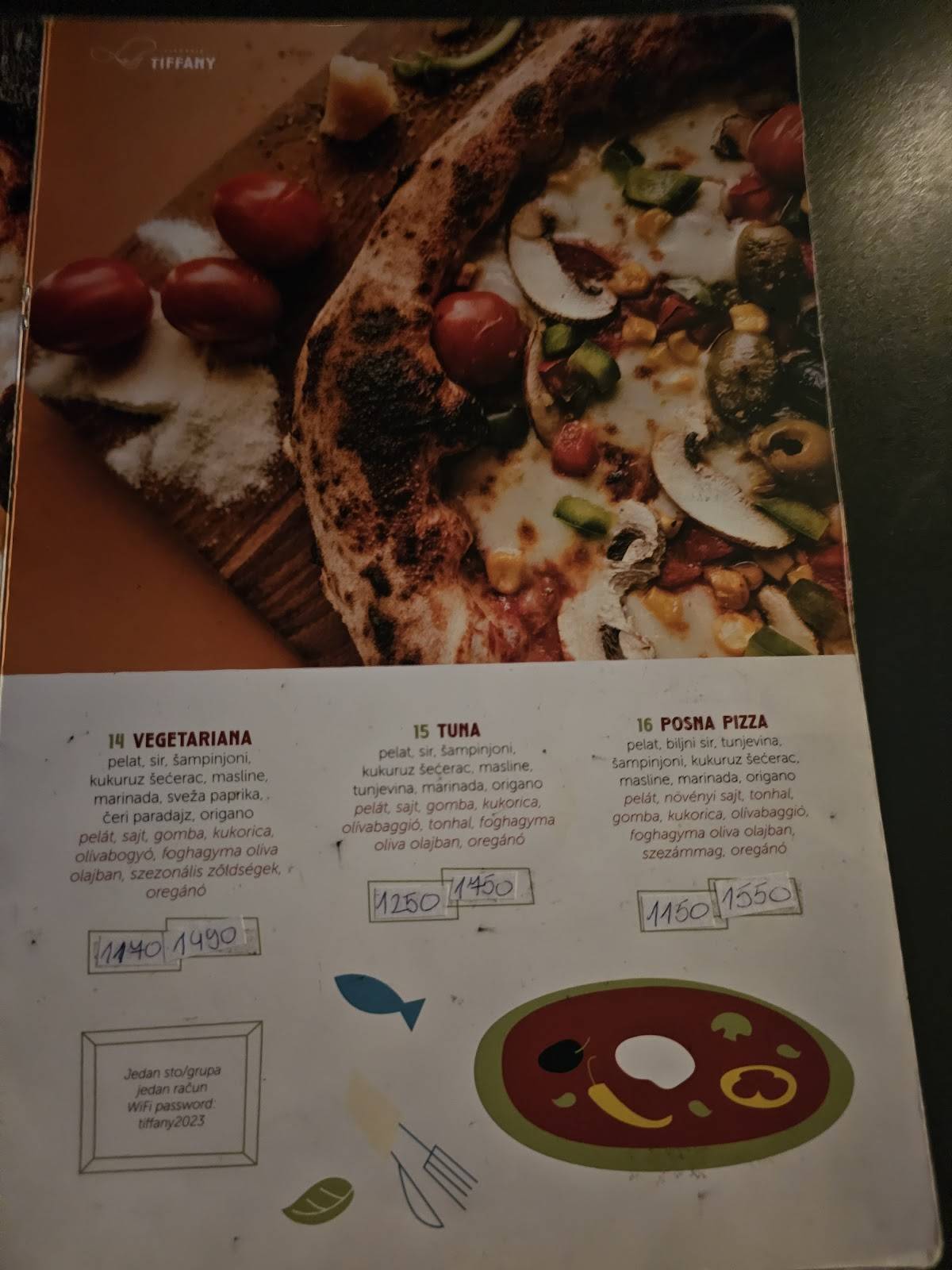 Menu at Picerija ''Tiffany'' restaurant, Temerin