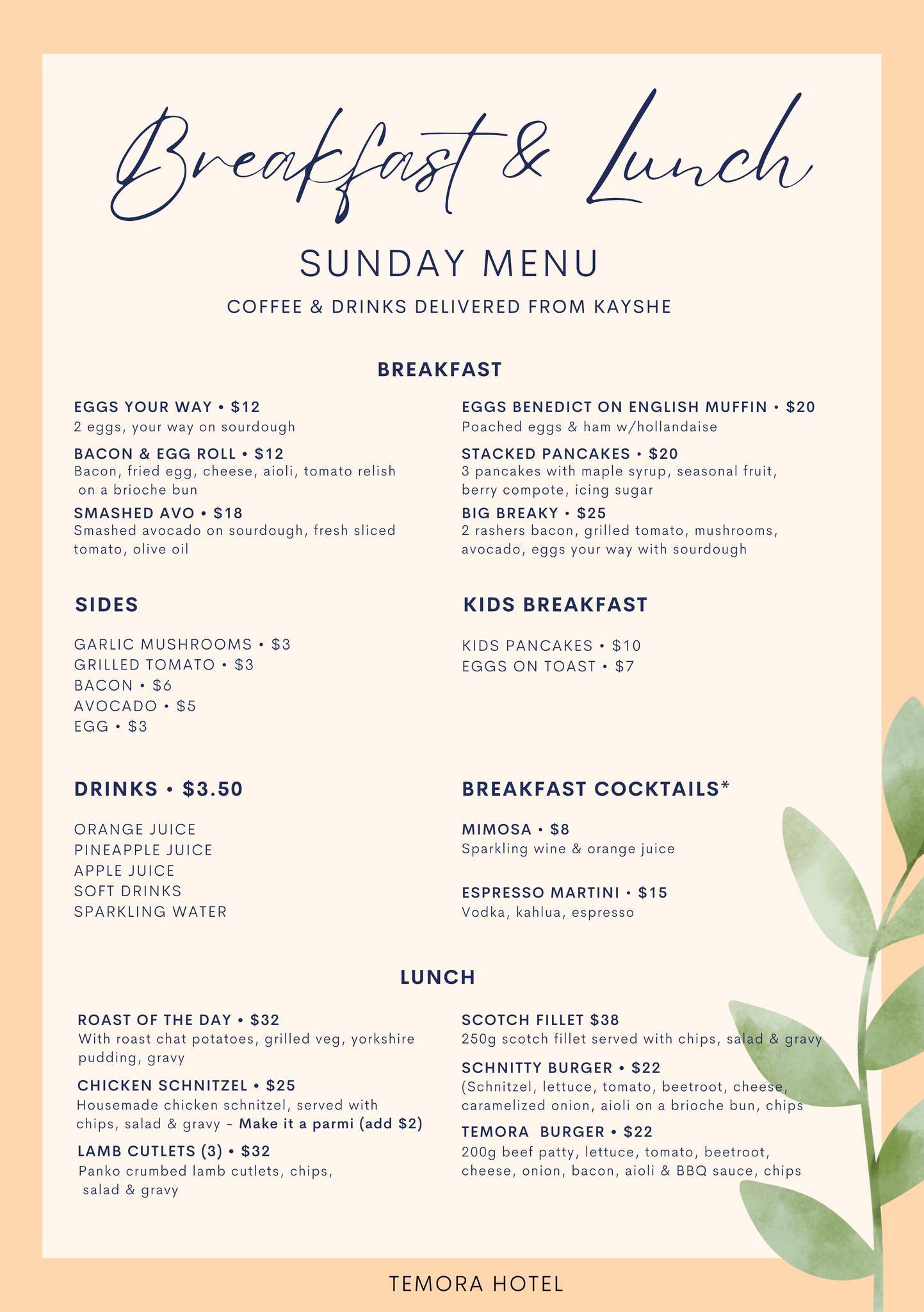 Menu at Temora Hotel pub & bar, Temora