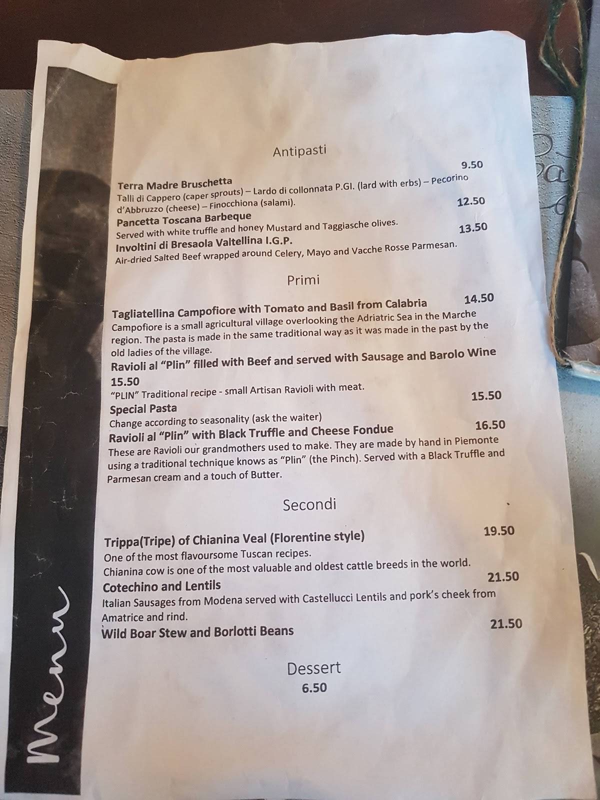 Menu at Terra Madre restaurant, Dublin