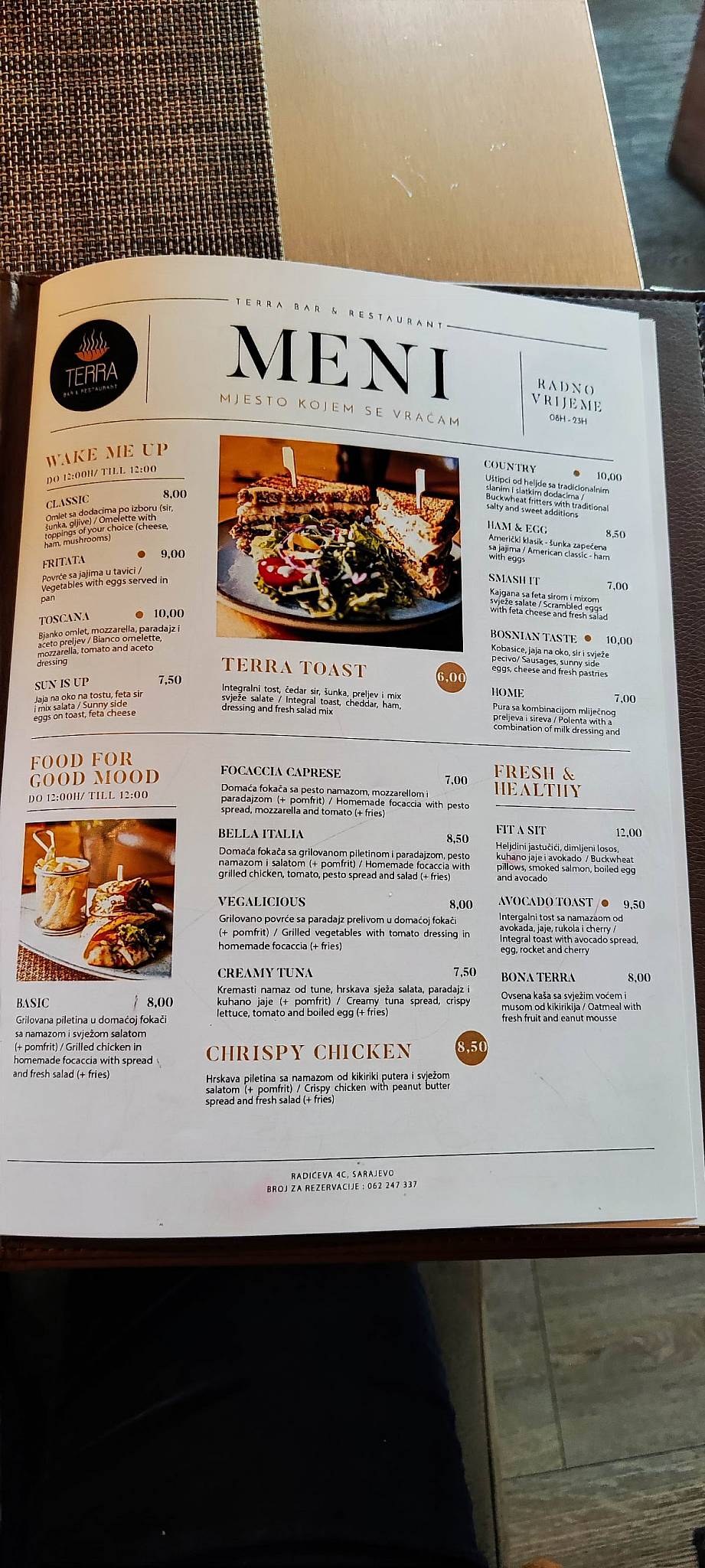Menu at Terra restaurant, Sarajevo