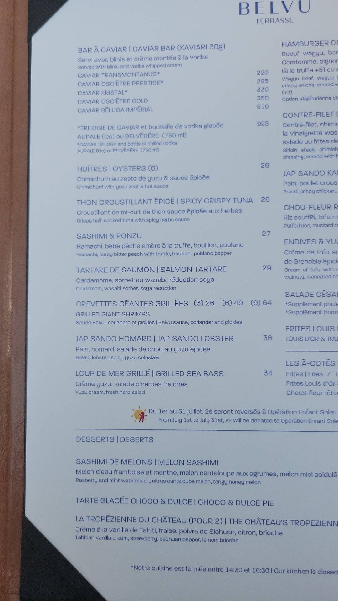 Menu at Terrasse Belvu restaurant, Montréal