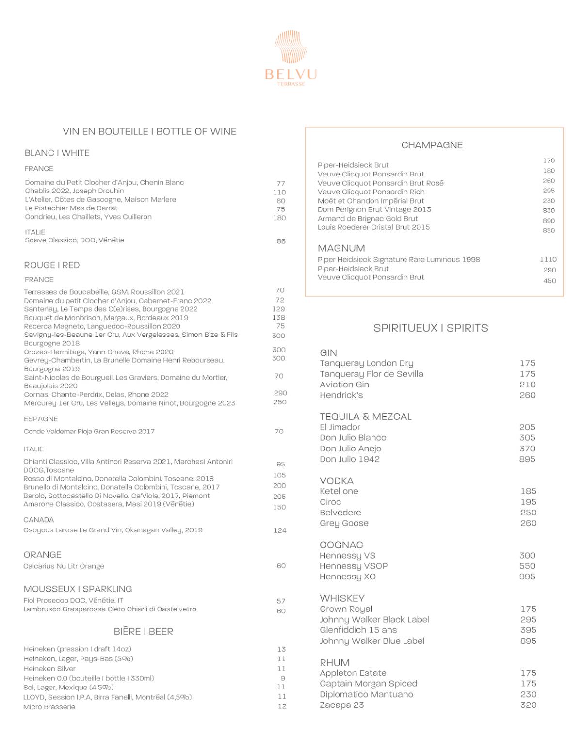 Menu at Terrasse Belvu restaurant, Montréal