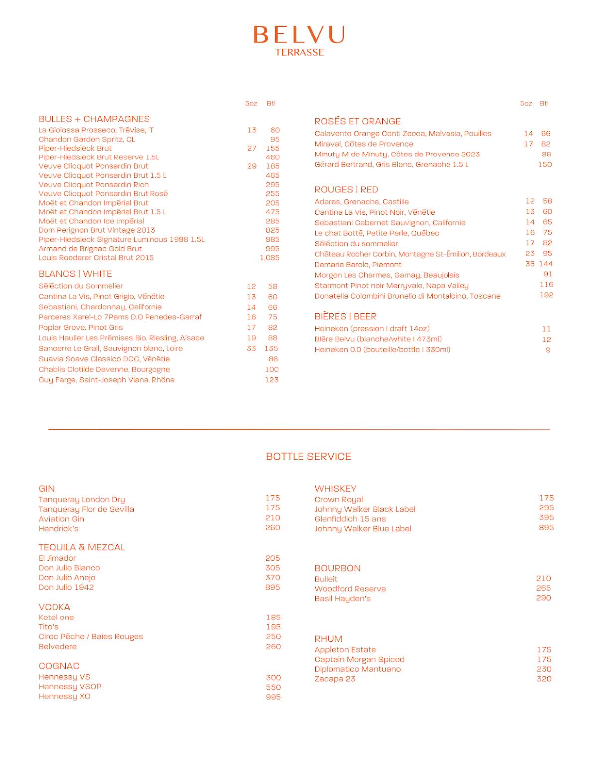 Menu at Terrasse Belvu restaurant, Montréal