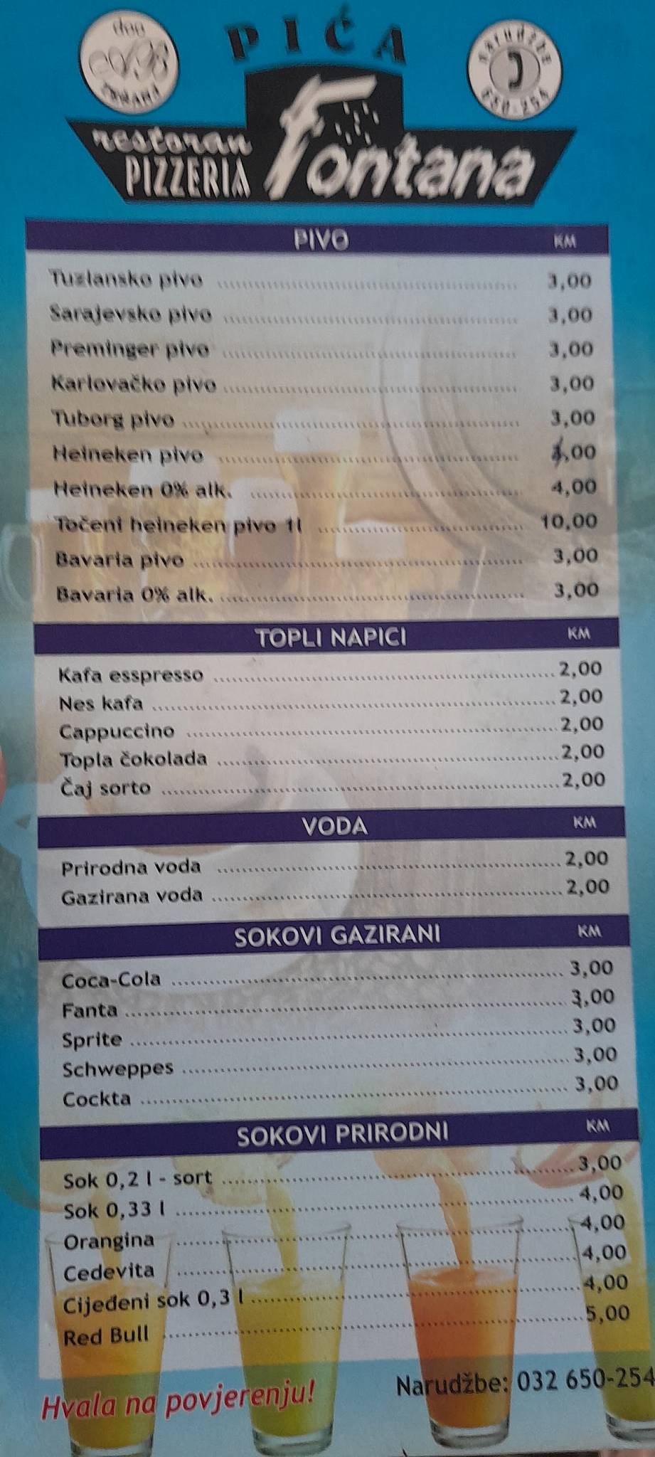 Menu at Fontana restaurant, Tešanj