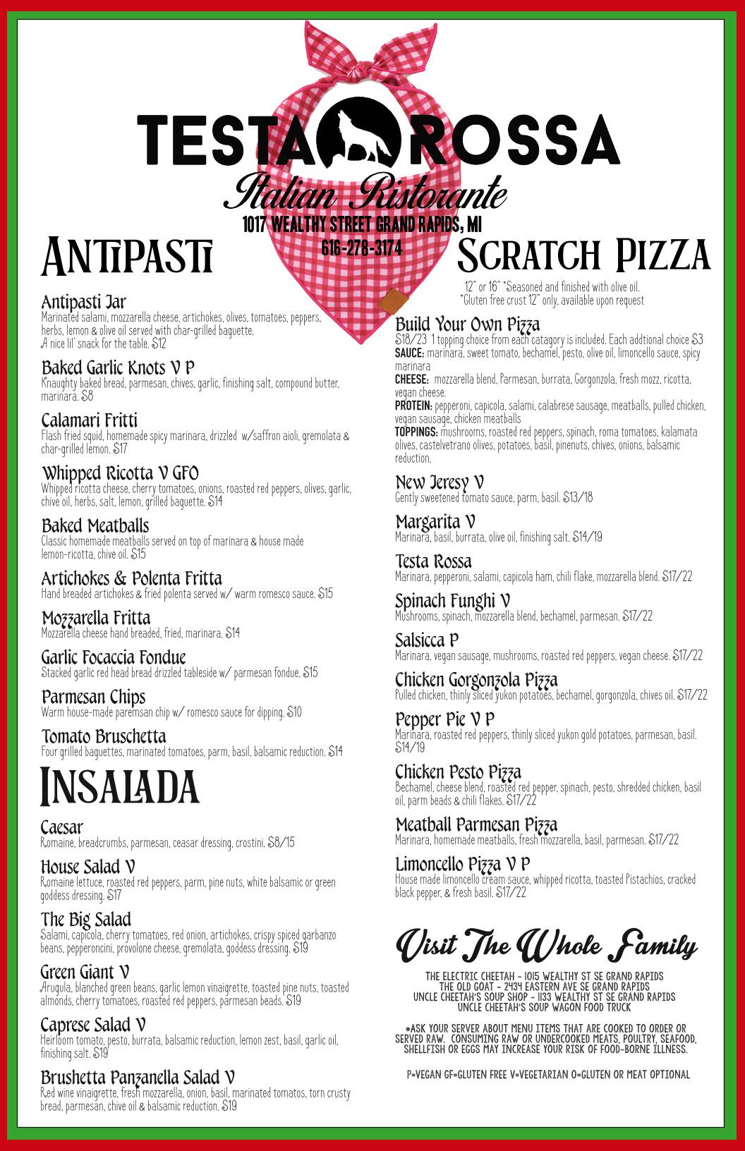 Menu at Testa Rossa Italian Ristorante pizzeria, Grand Rapids