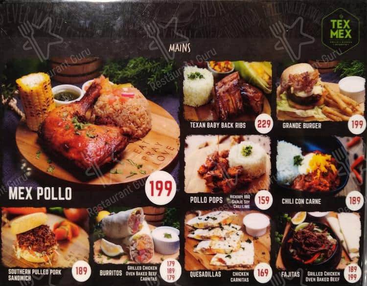 Menu at TEX MEX restaurant, Manila