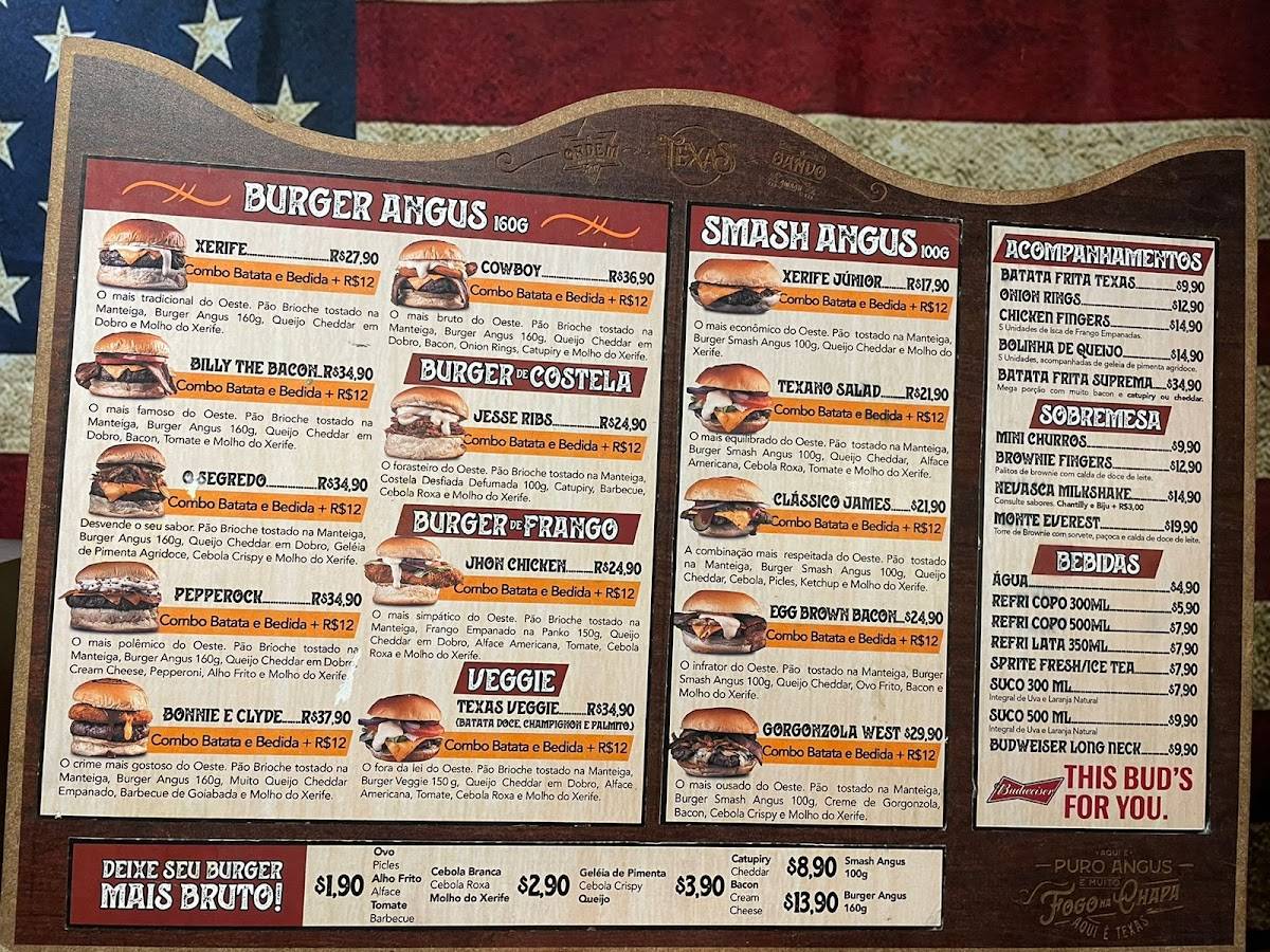 Carta del restaurante Texas West Burger Shopping Estação, Belo Horizonte