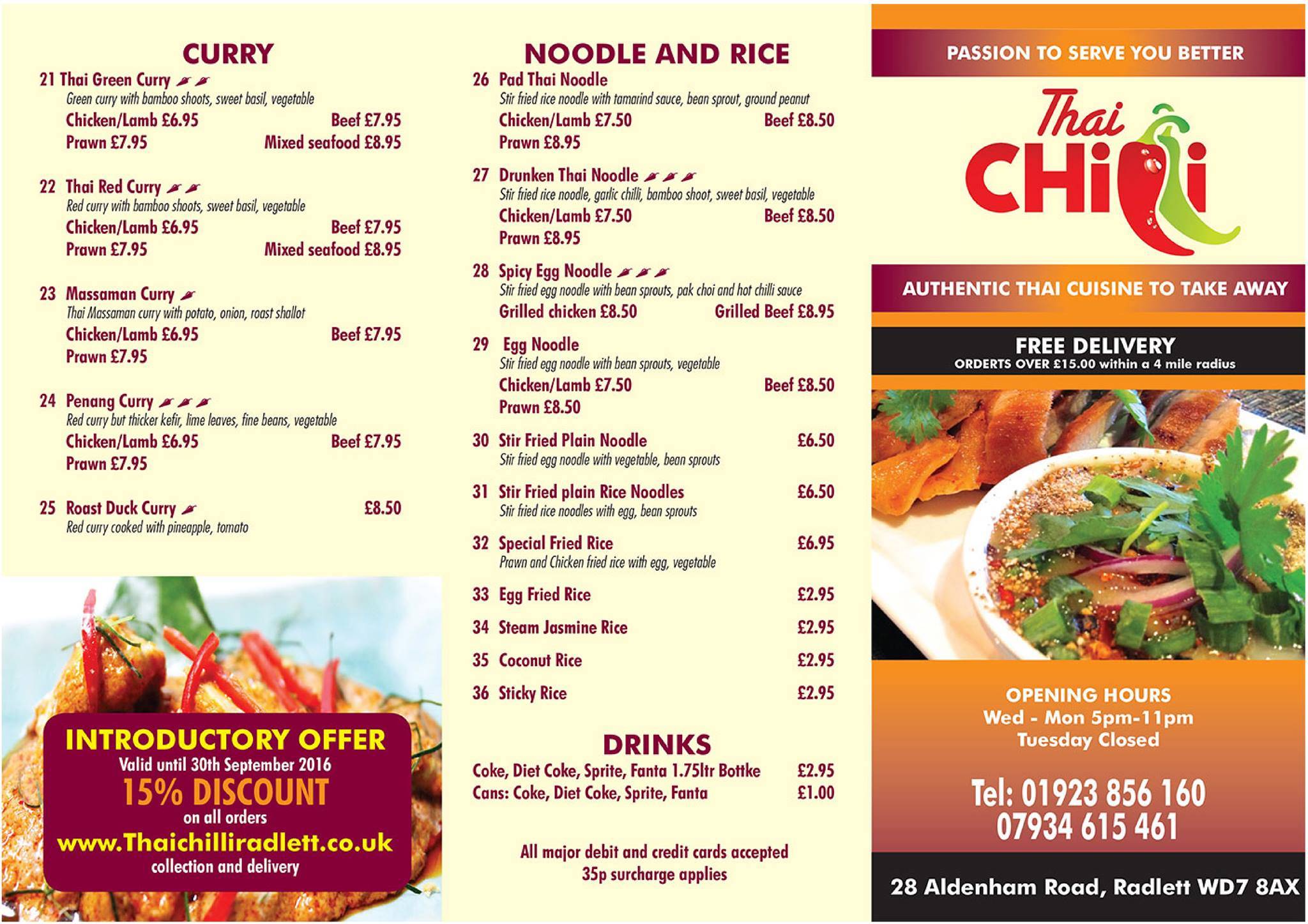 Menu at Thai Chilli restaurant, Radlett, 28 Aldenham Rd