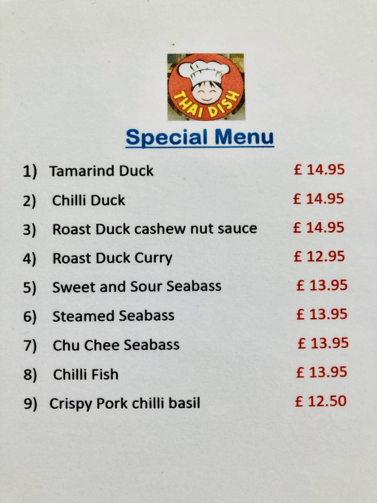 Menu at Thai Dish restaurant, Worthing