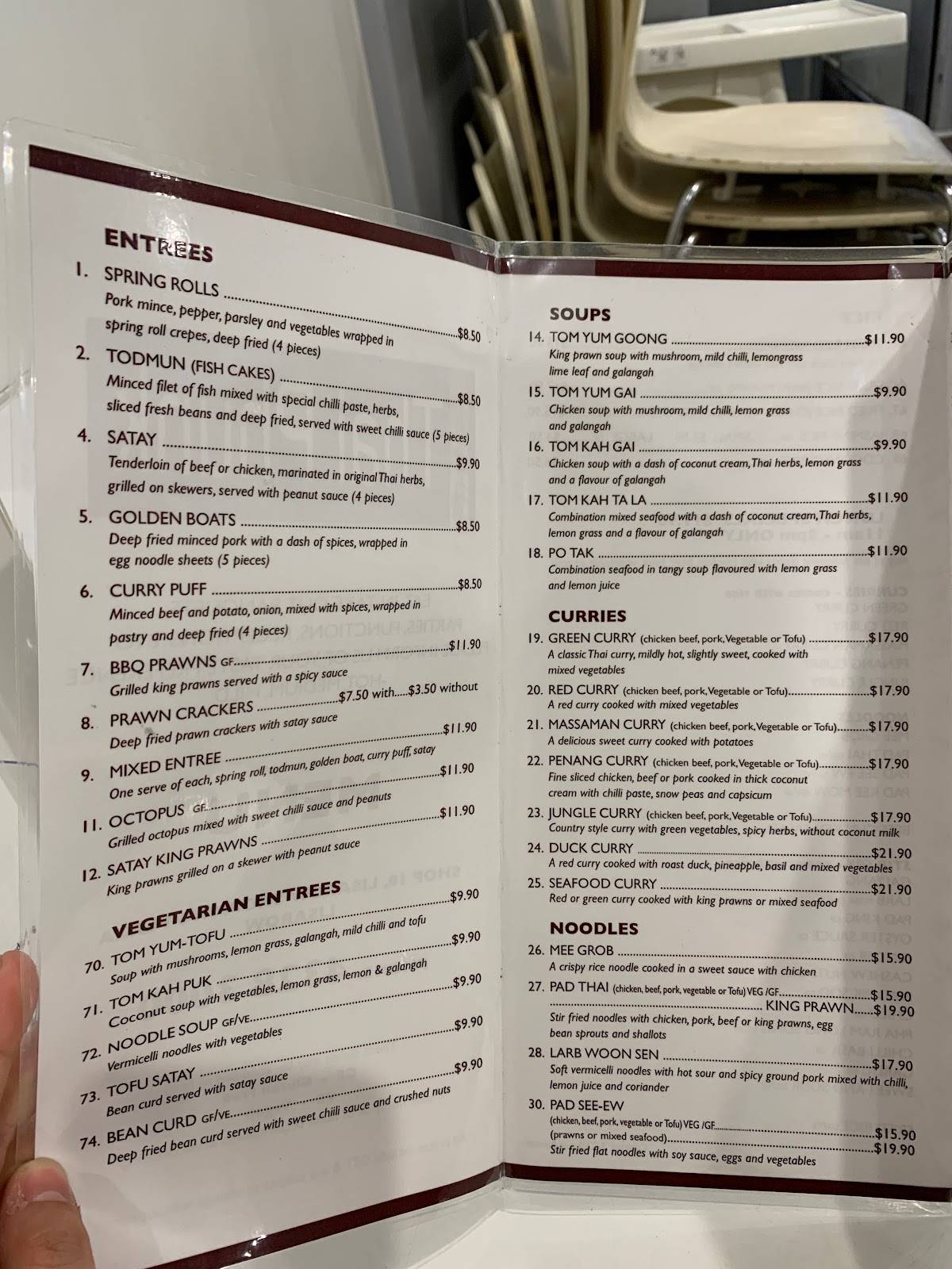 Menu at Thai Phunk restaurant, Lisarow