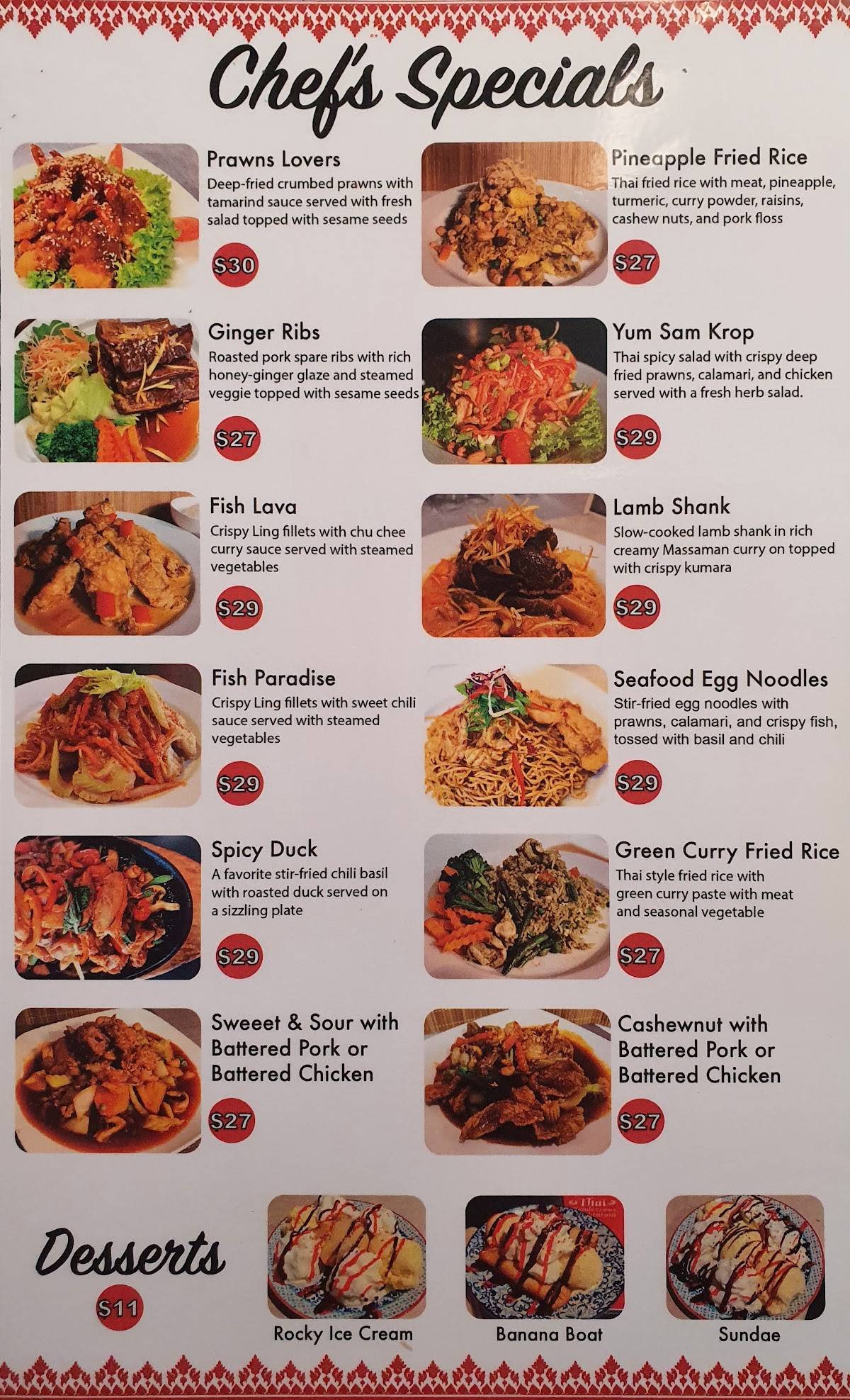 Menu at Thai Rendezvous restaurant, Christchurch