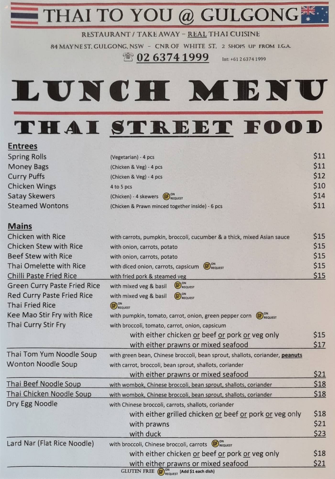 Menu at Thai to You Gulgong Restaurant, Gulgong