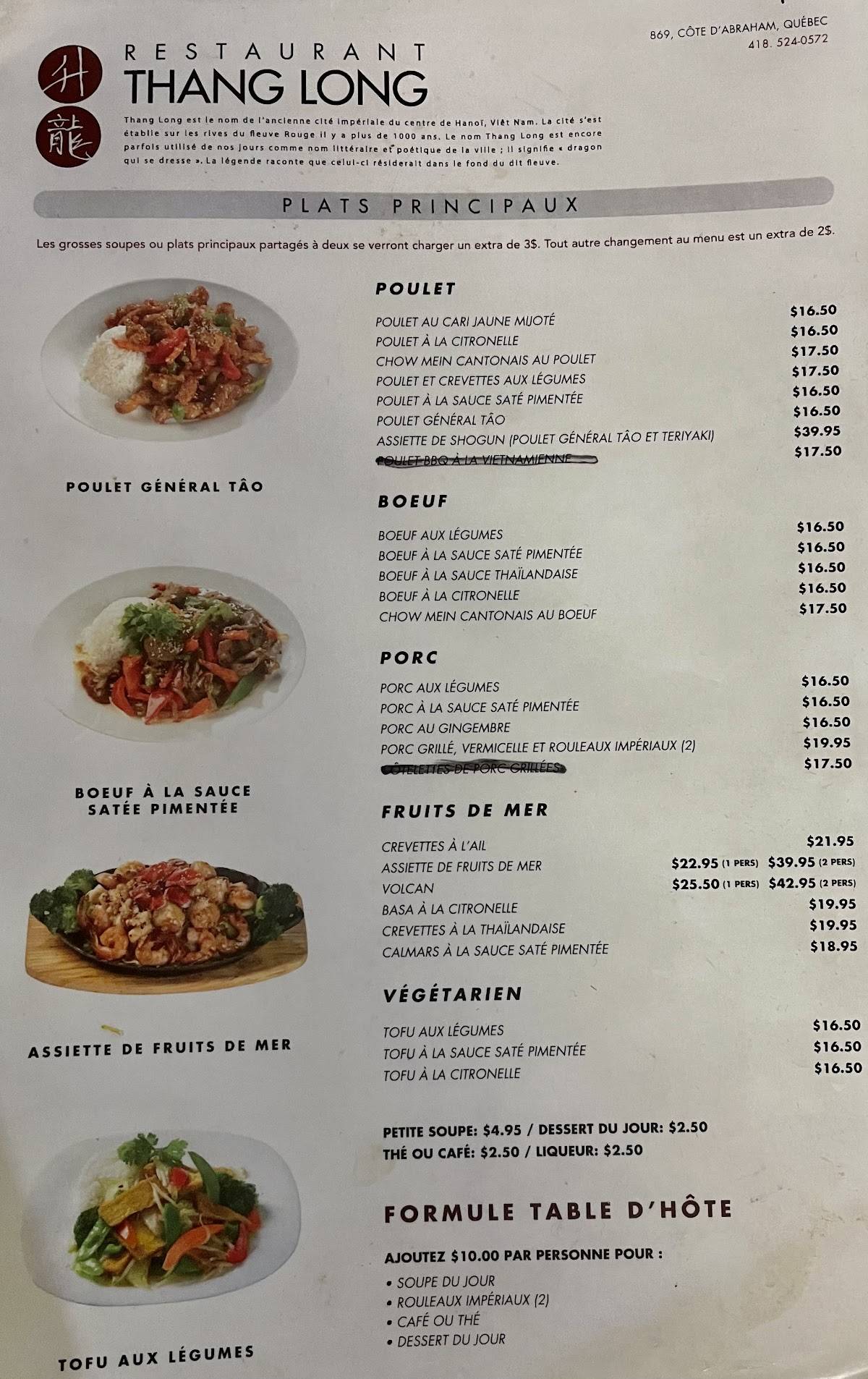 Menu au Restaurant Thang Long, Québec