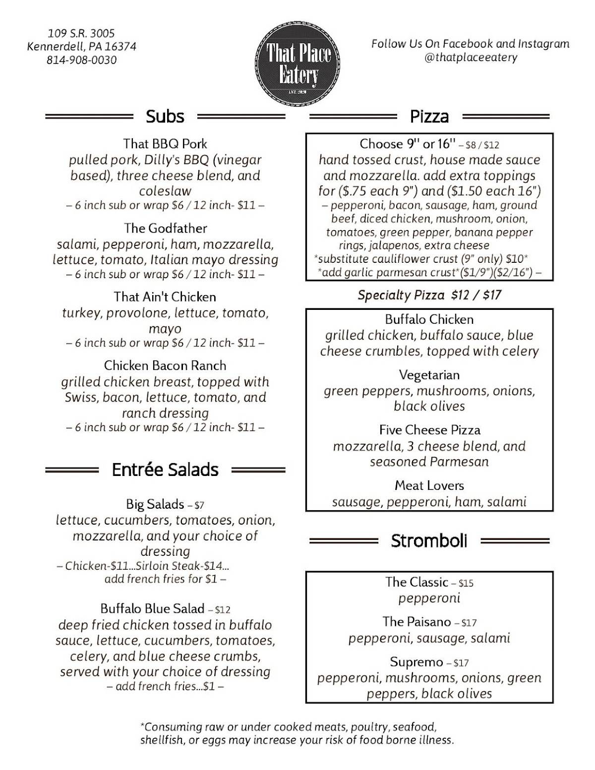 Menu at That Place Eatery restaurant, Clintonville
